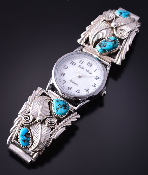 Silver & Turquoise Navajo Eagle Feathers Watch by Jeanette Saunders 4F ...